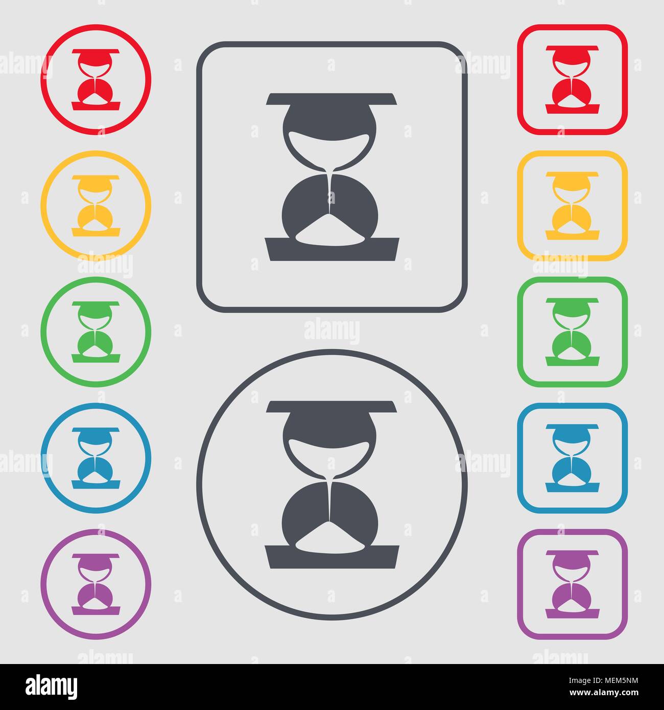 hourglass icon sign. symbol on the Round and square buttons with frame ...
