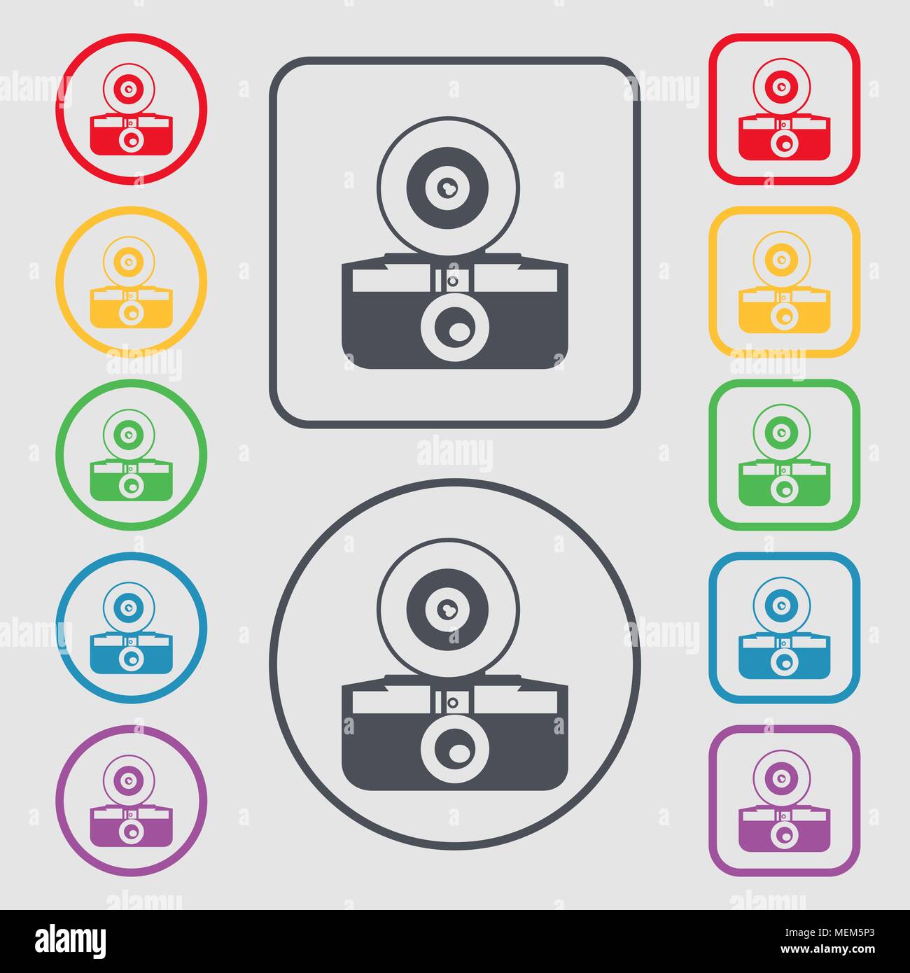 retro photo camera icon sign. symbol on the Round and square buttons ...
