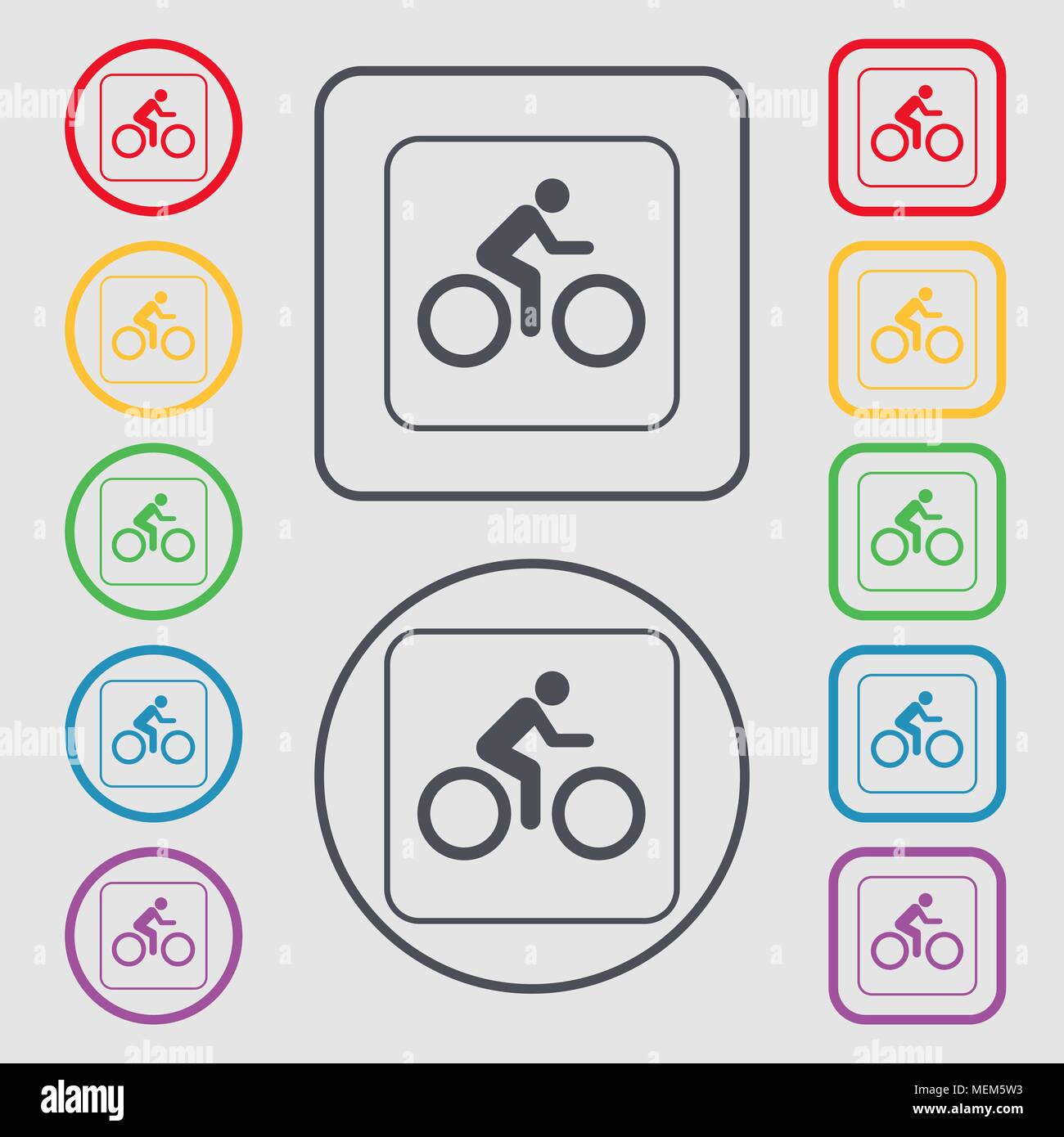 Cyclist icon sign. symbol on the Round and square buttons with frame ...