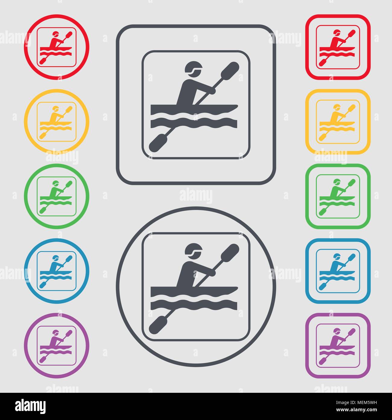canoeing icon sign. symbol on the Round and square buttons with frame ...