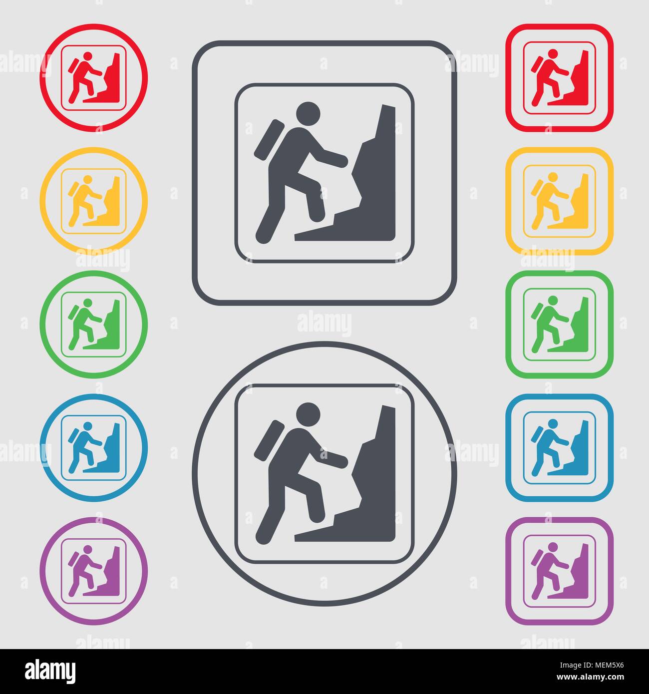 rock climbing icon sign. symbol on the Round and square buttons with ...