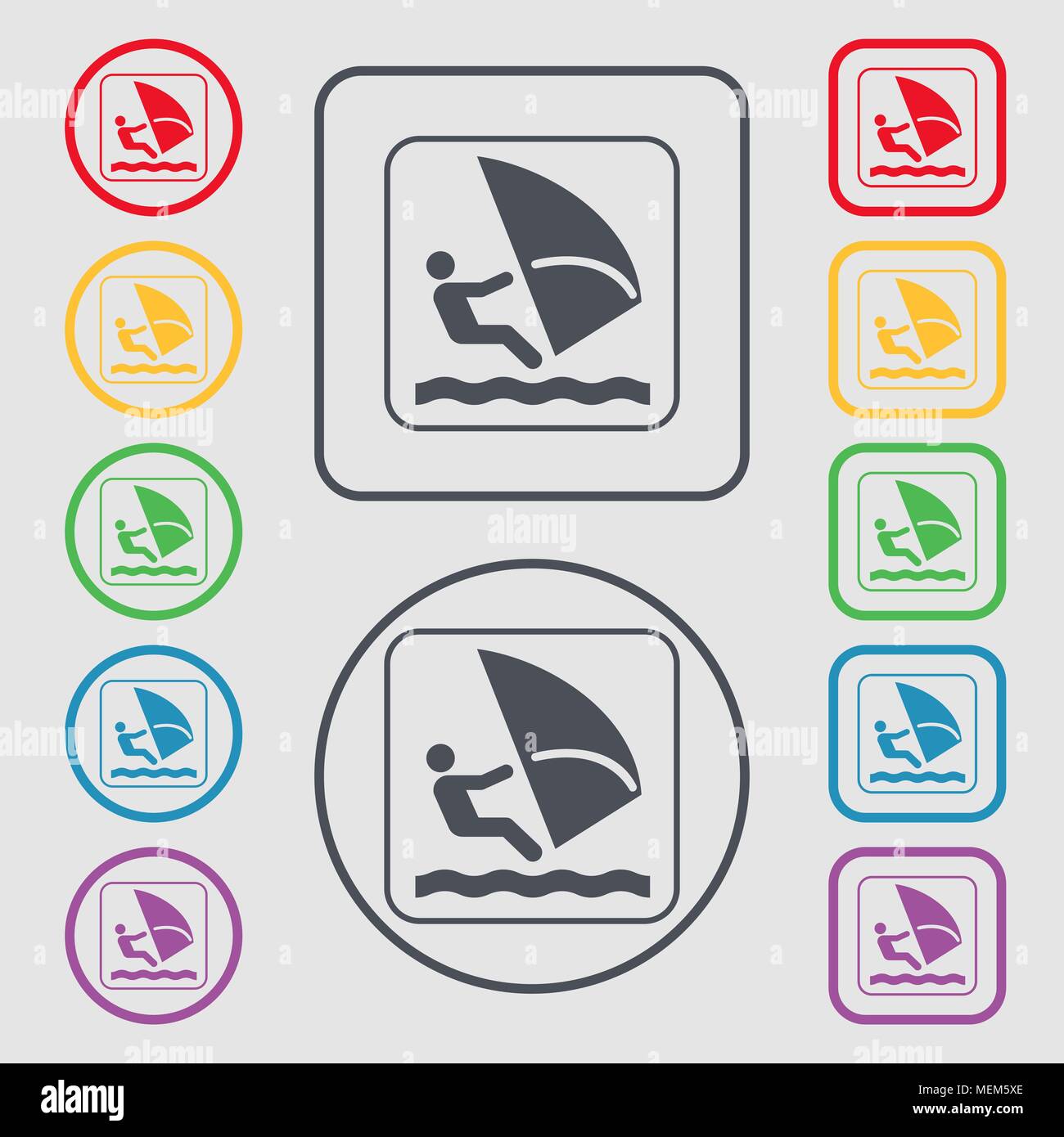 Windsurfing icon sign. symbol on the Round and square buttons with ...