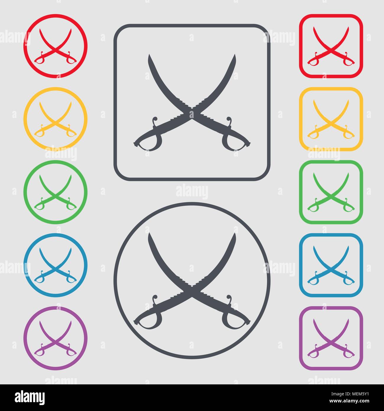 Crossed saber icon sign. symbol on the Round and square buttons with ...