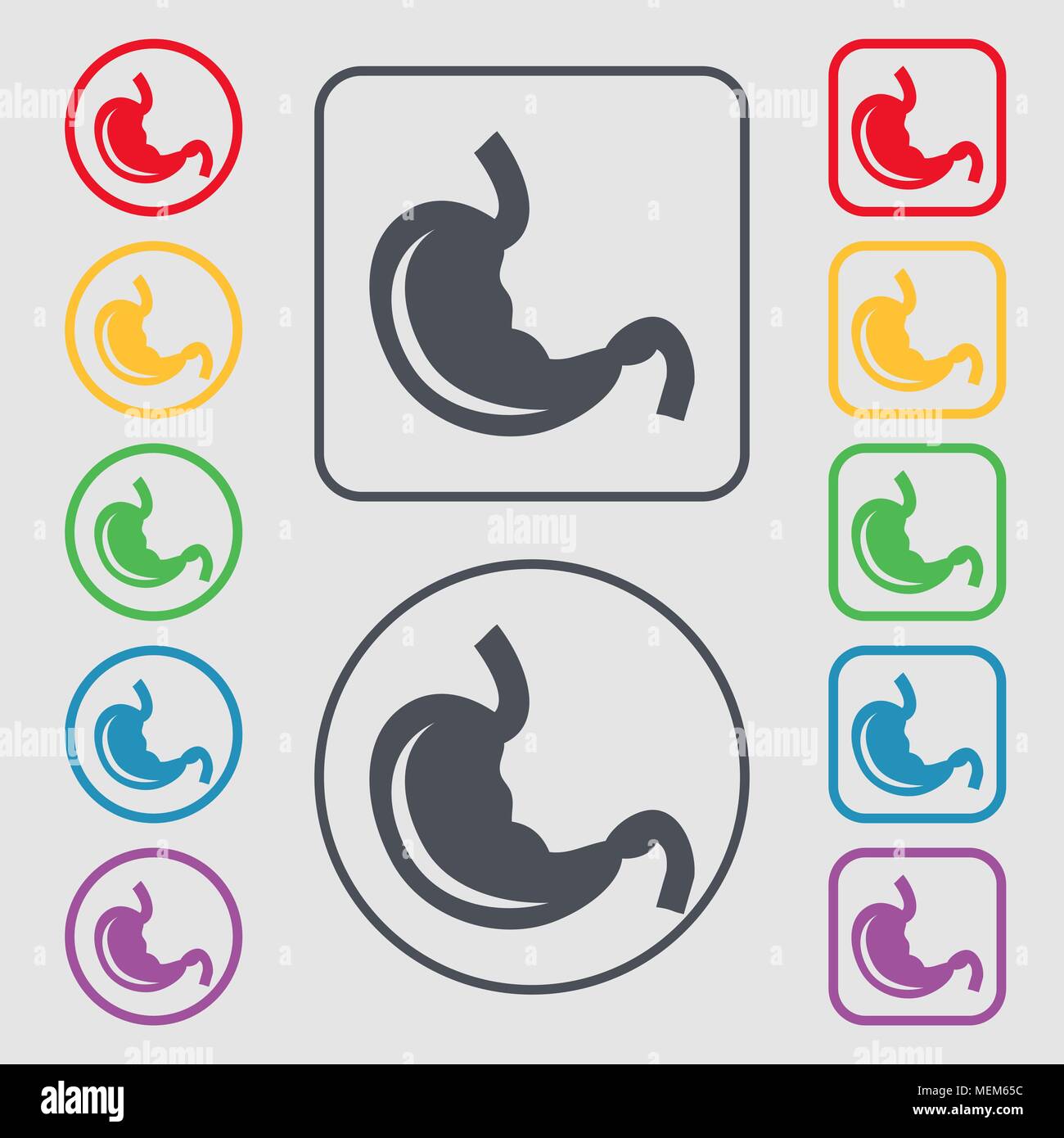 Stomach icon sign. symbol on the Round and square buttons with frame ...