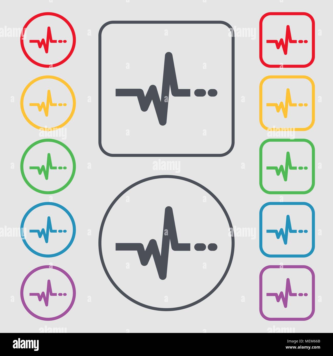 pulse icon sign. symbol on the Round and square buttons with frame ...