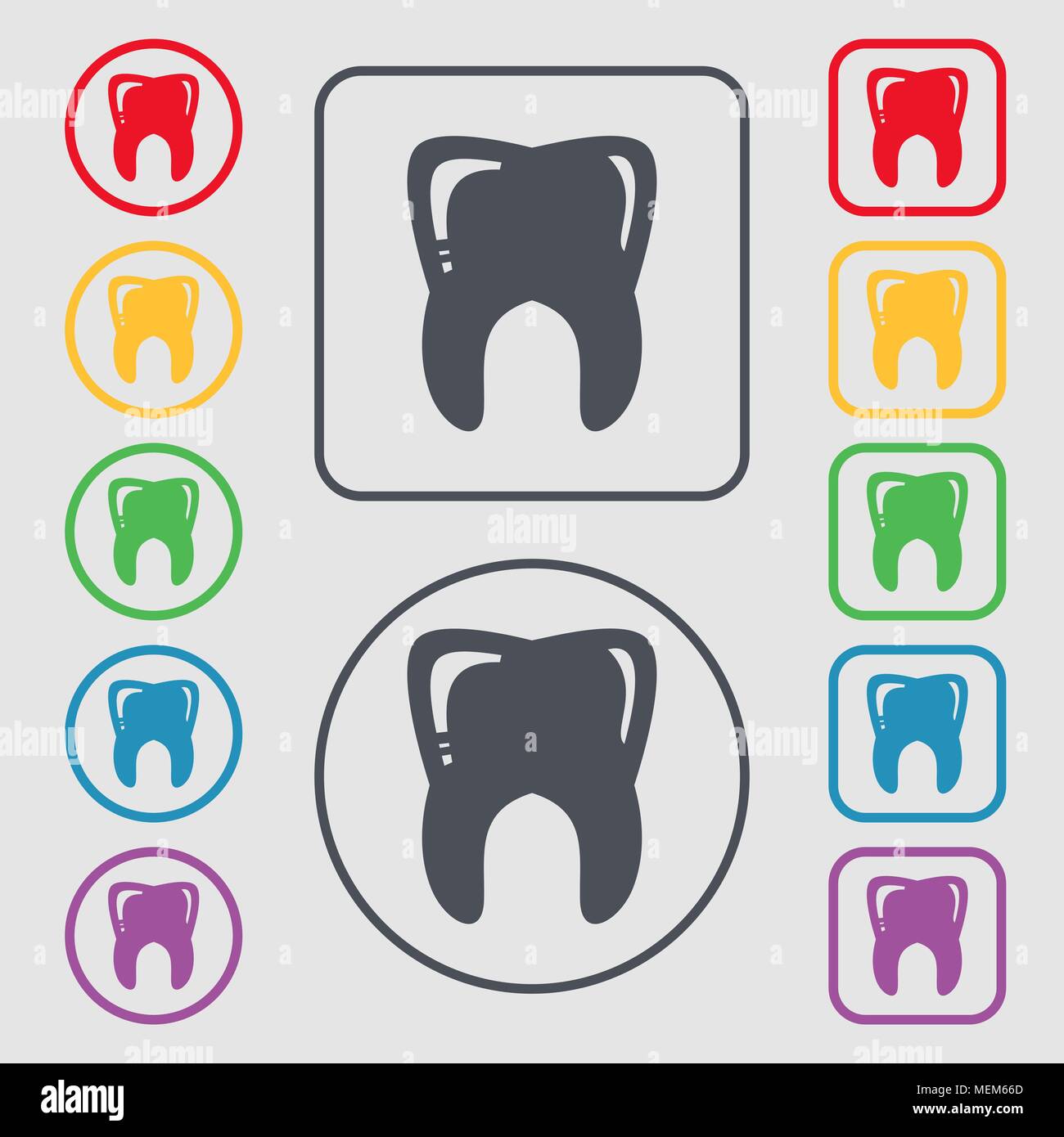 Tooth icon sign. symbol on the Round and square buttons with frame ...