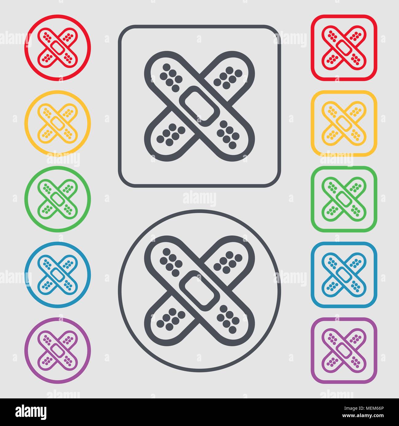 adhesive plaster icon sign. symbol on the Round and square buttons with ...