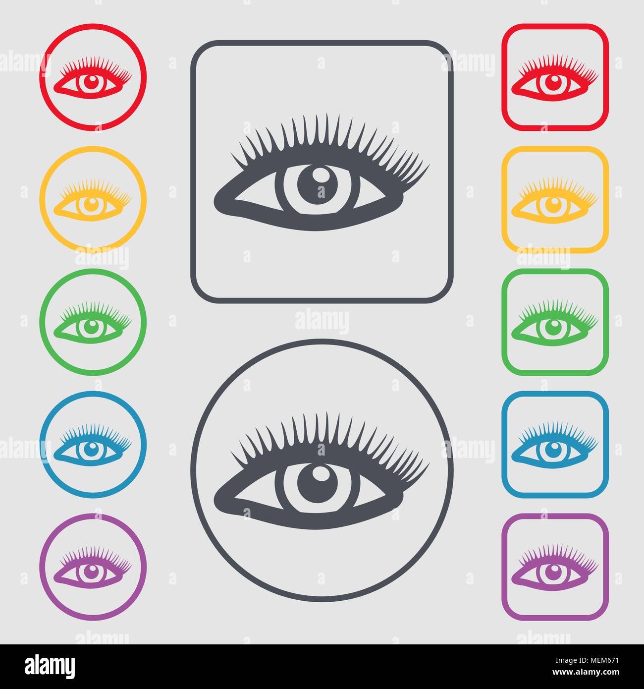 eyelashes icon sign. symbol on the Round and square buttons with frame ...