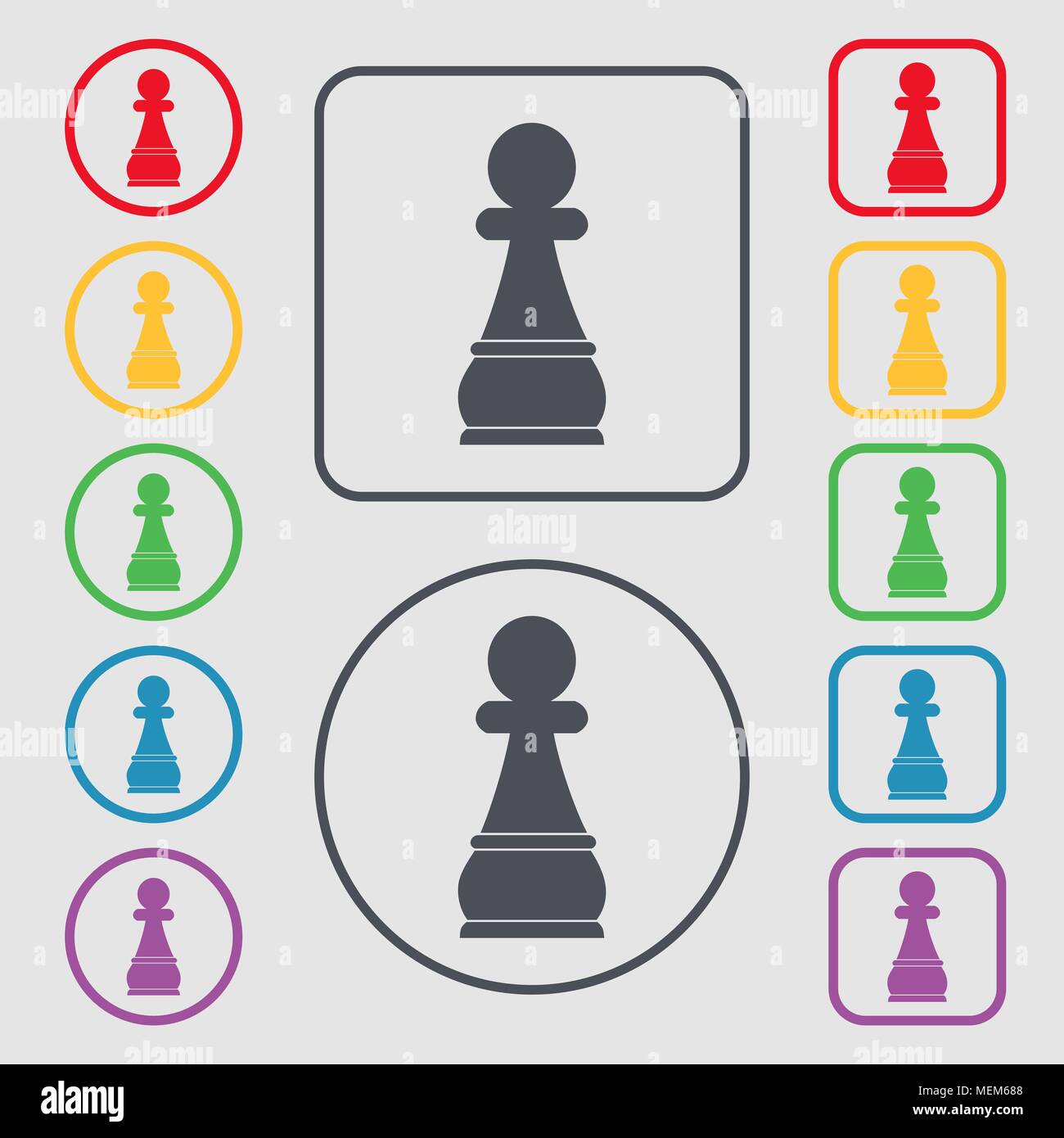 Chess Pawn icon sign. symbol on the Round and square buttons with frame ...
