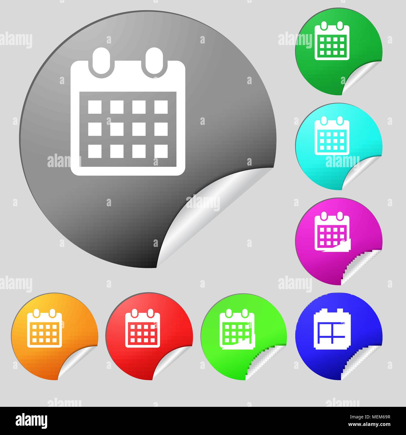 calendar page icon sign. Set of eight multi colored round buttons ...