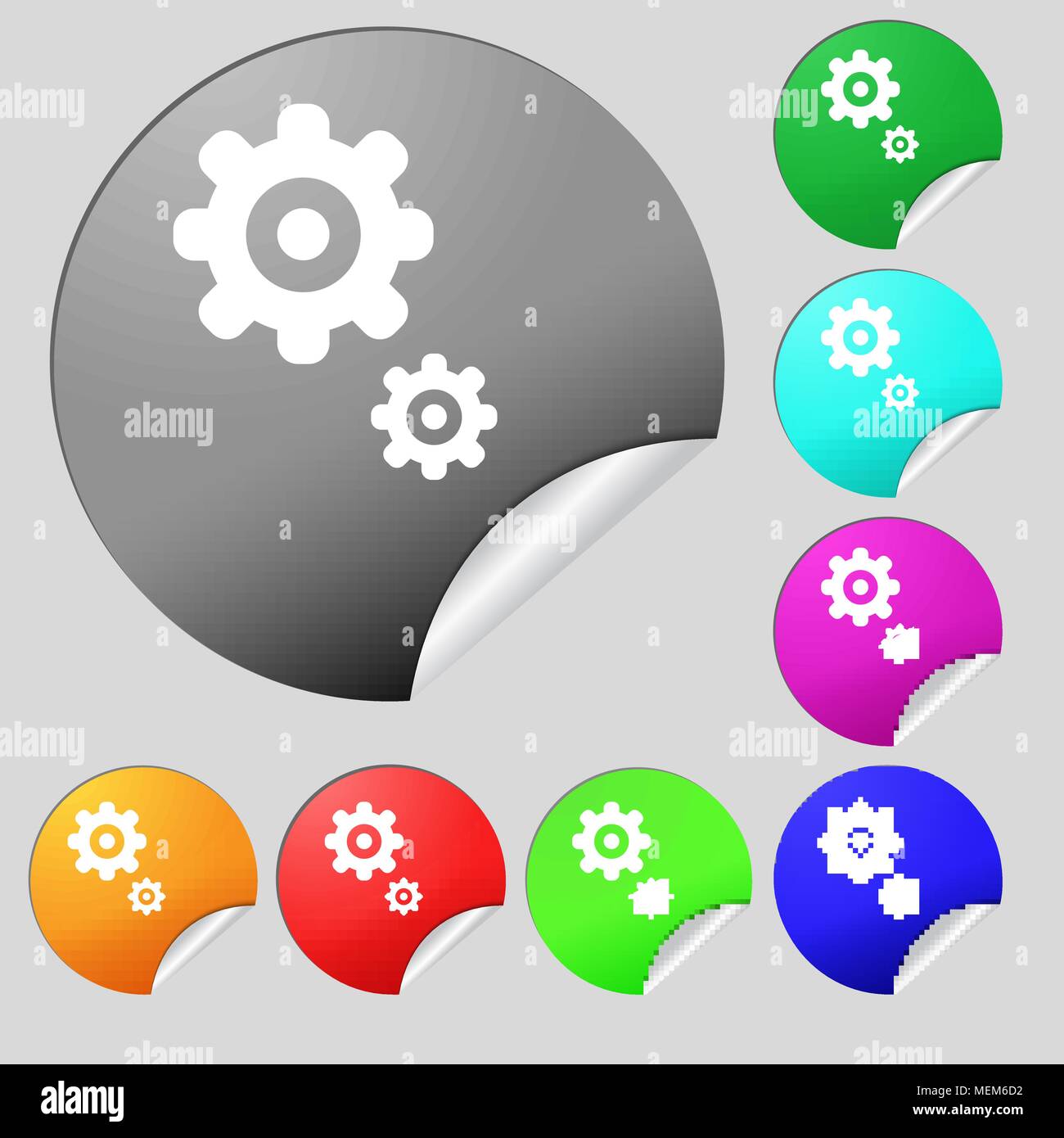 gears icon sign. Set of eight multi colored round buttons, stickers ...