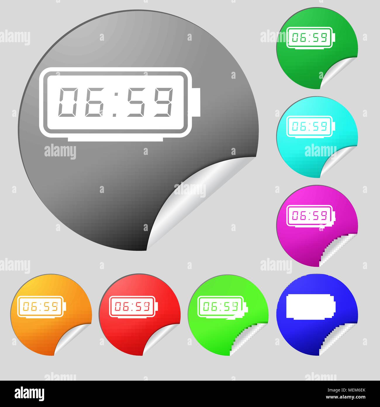 alarm clock icon sign. Set of eight multi colored round buttons ...