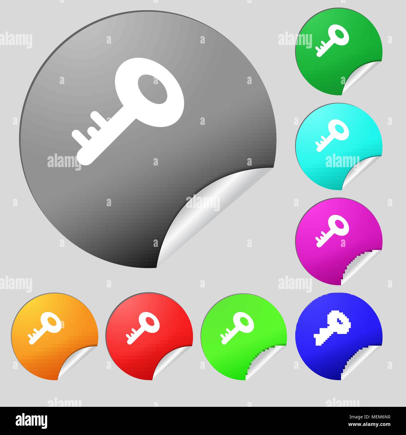Key icon sign. Set of eight multi colored round buttons, stickers ...
