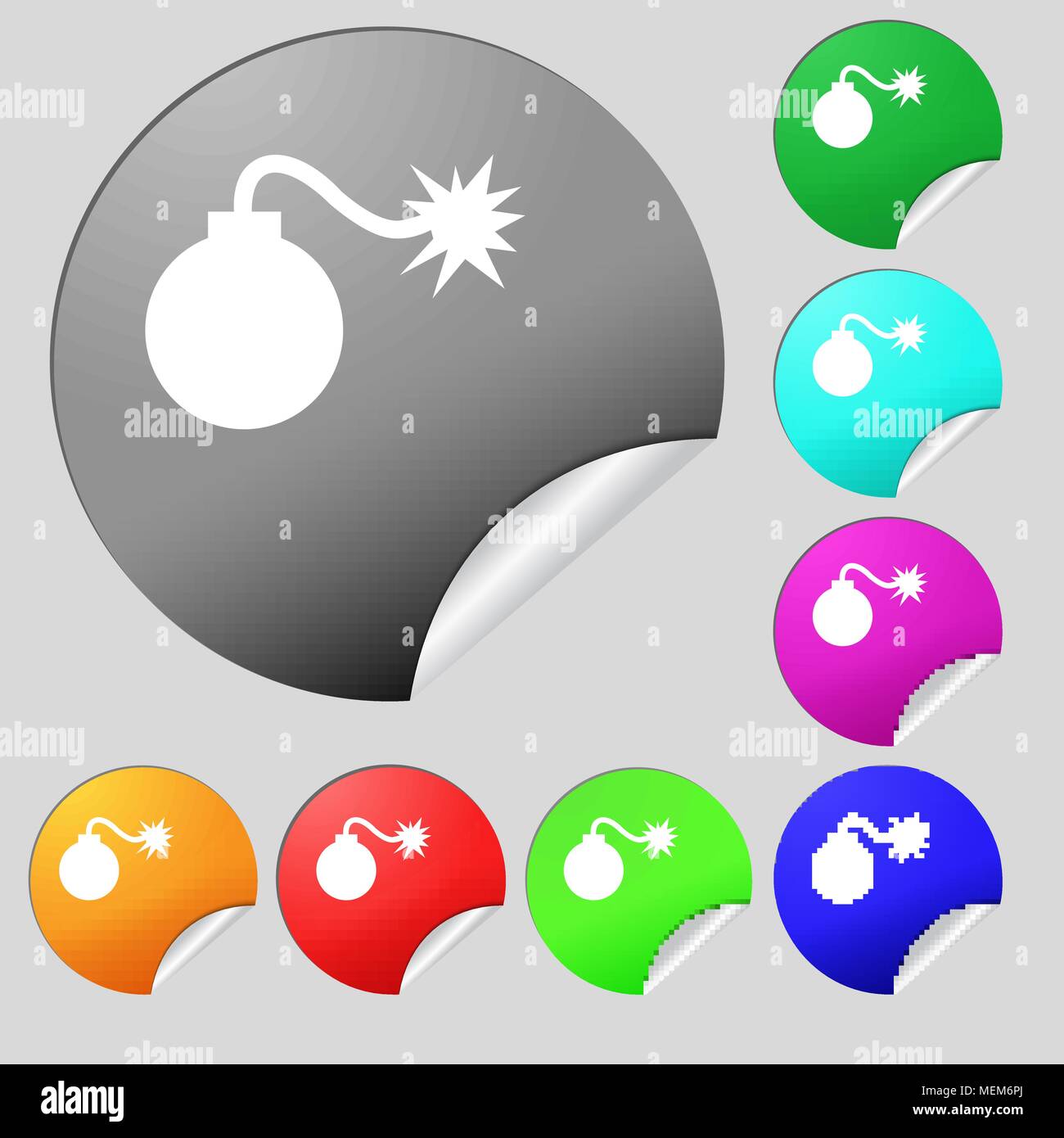 bomb icon sign. Set of eight multi colored round buttons, stickers ...