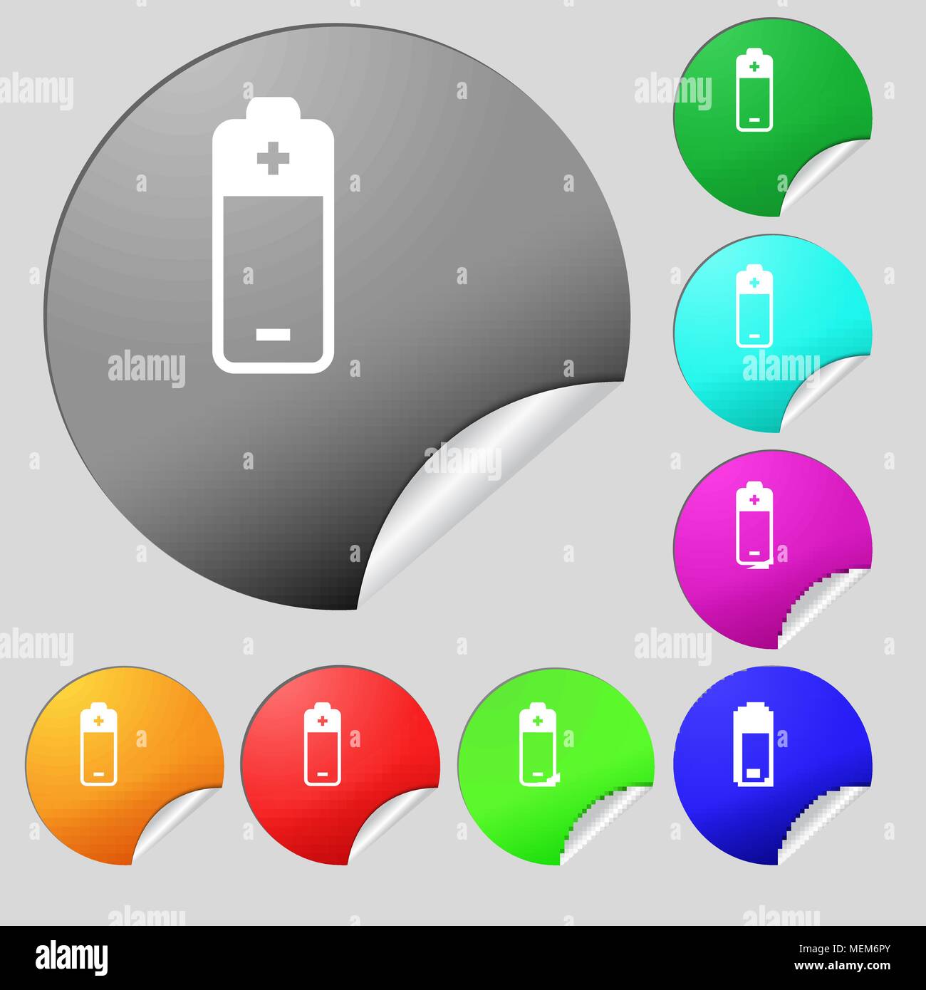 battery icon sign. Set of eight multi colored round buttons, stickers ...