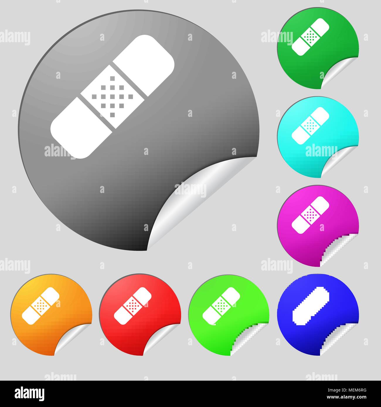 Plaster icon sign. Set of eight multi colored round buttons, stickers ...