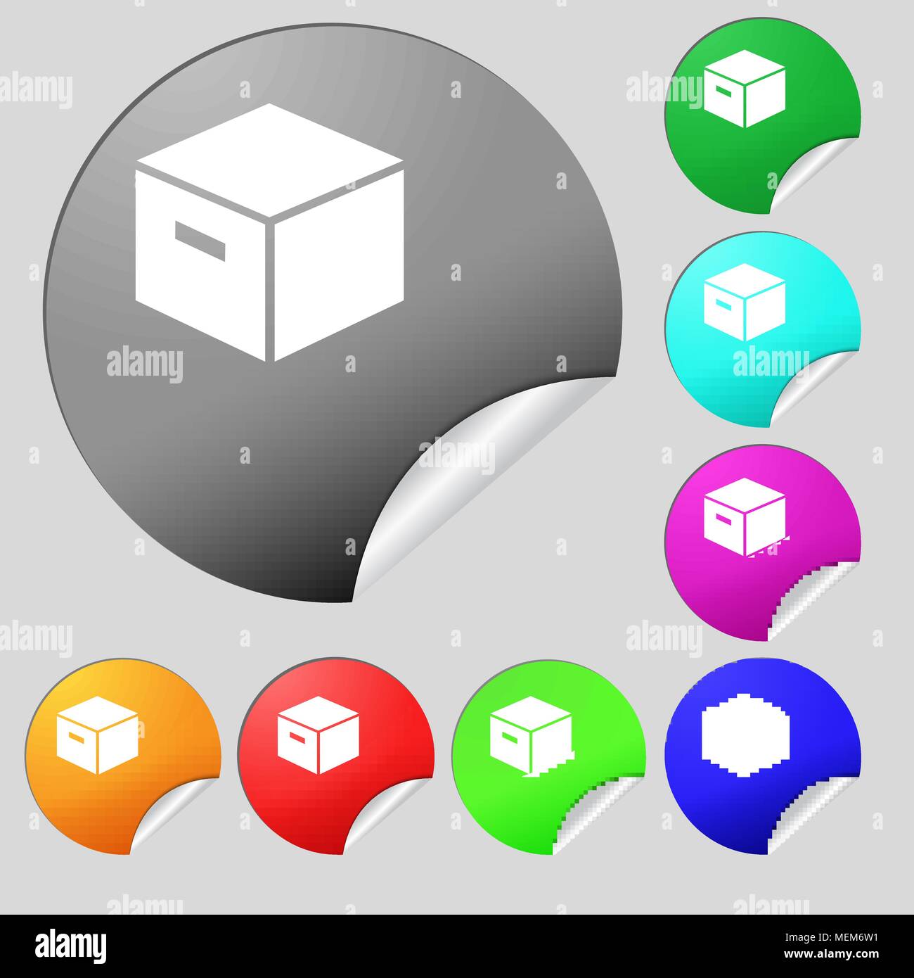packaging cardboard box icon sign. Set of eight multi colored round ...