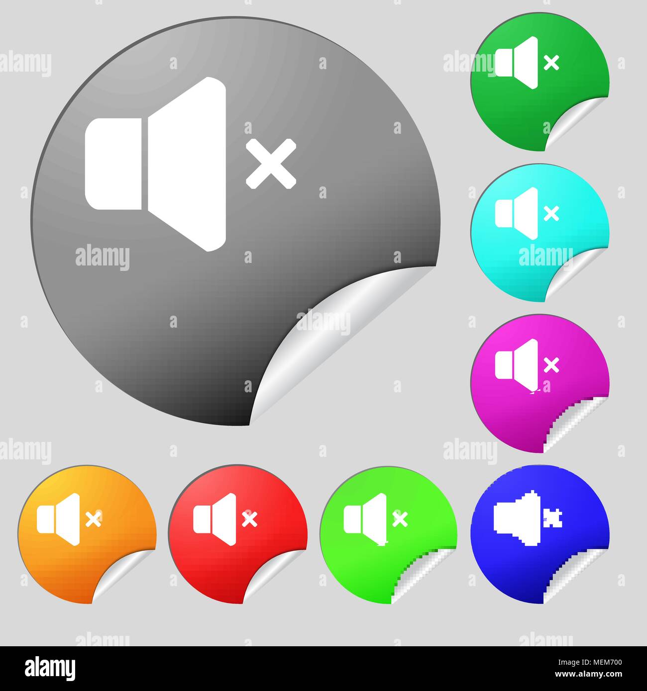 No Volume icon sign. Set of eight multi colored round buttons, stickers ...