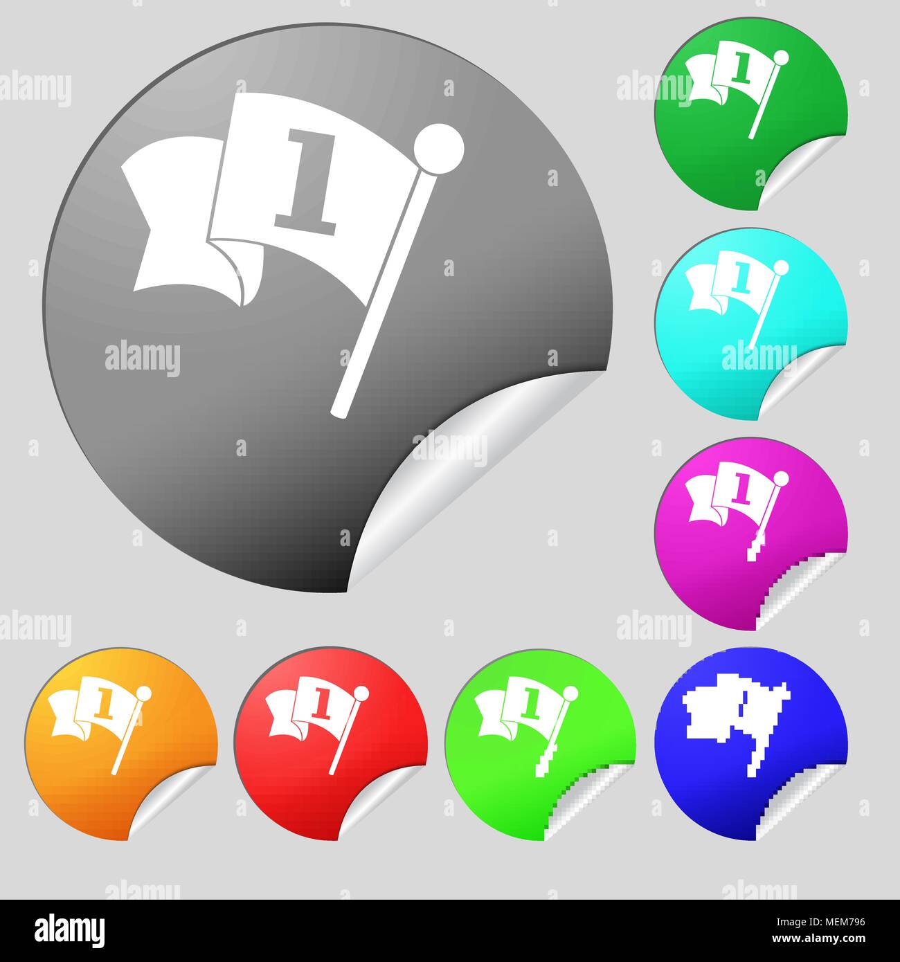 Flag icon sign. Set of eight multi colored round buttons, stickers ...