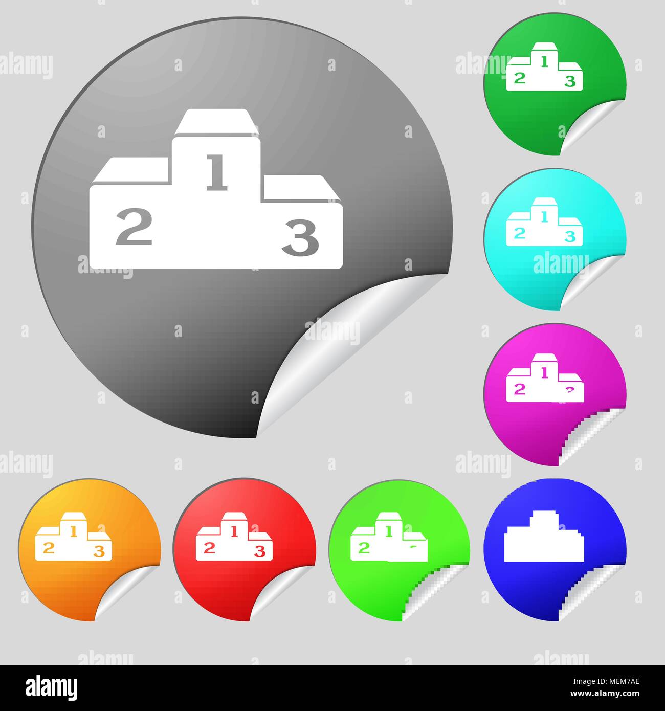 Podium icon sign. Set of eight multi colored round buttons, stickers ...