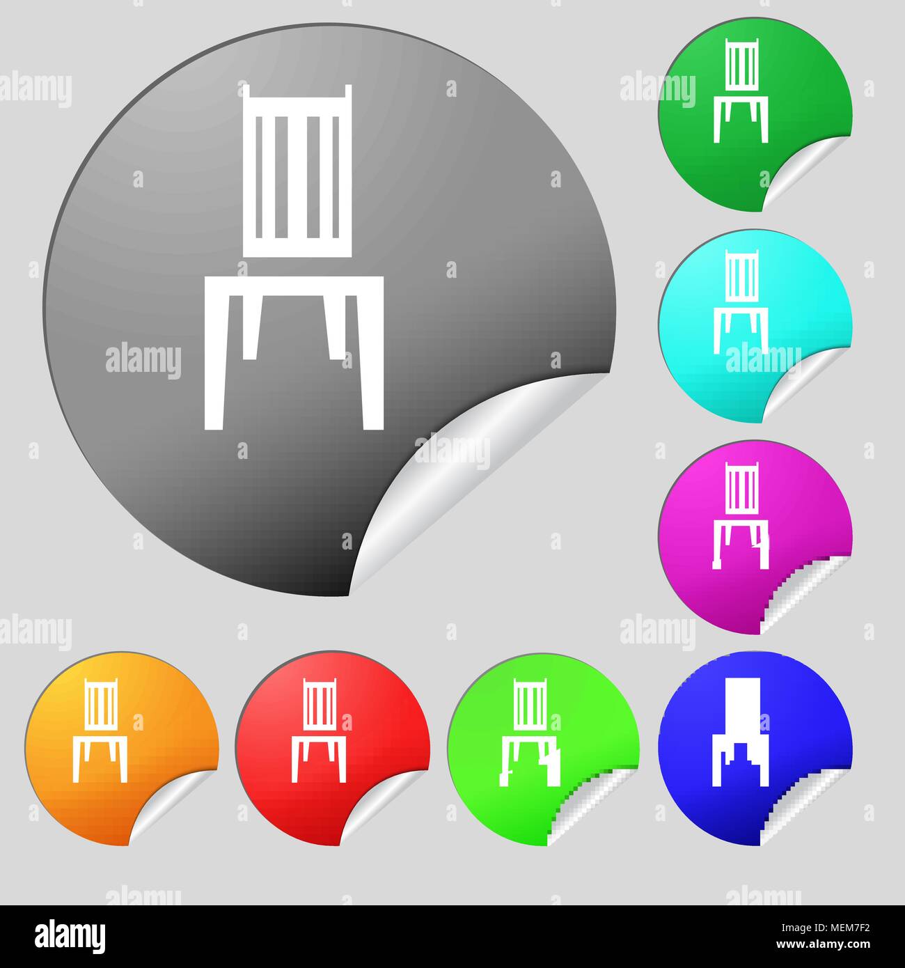 chair icon sign. Set of eight multi colored round buttons, stickers ...