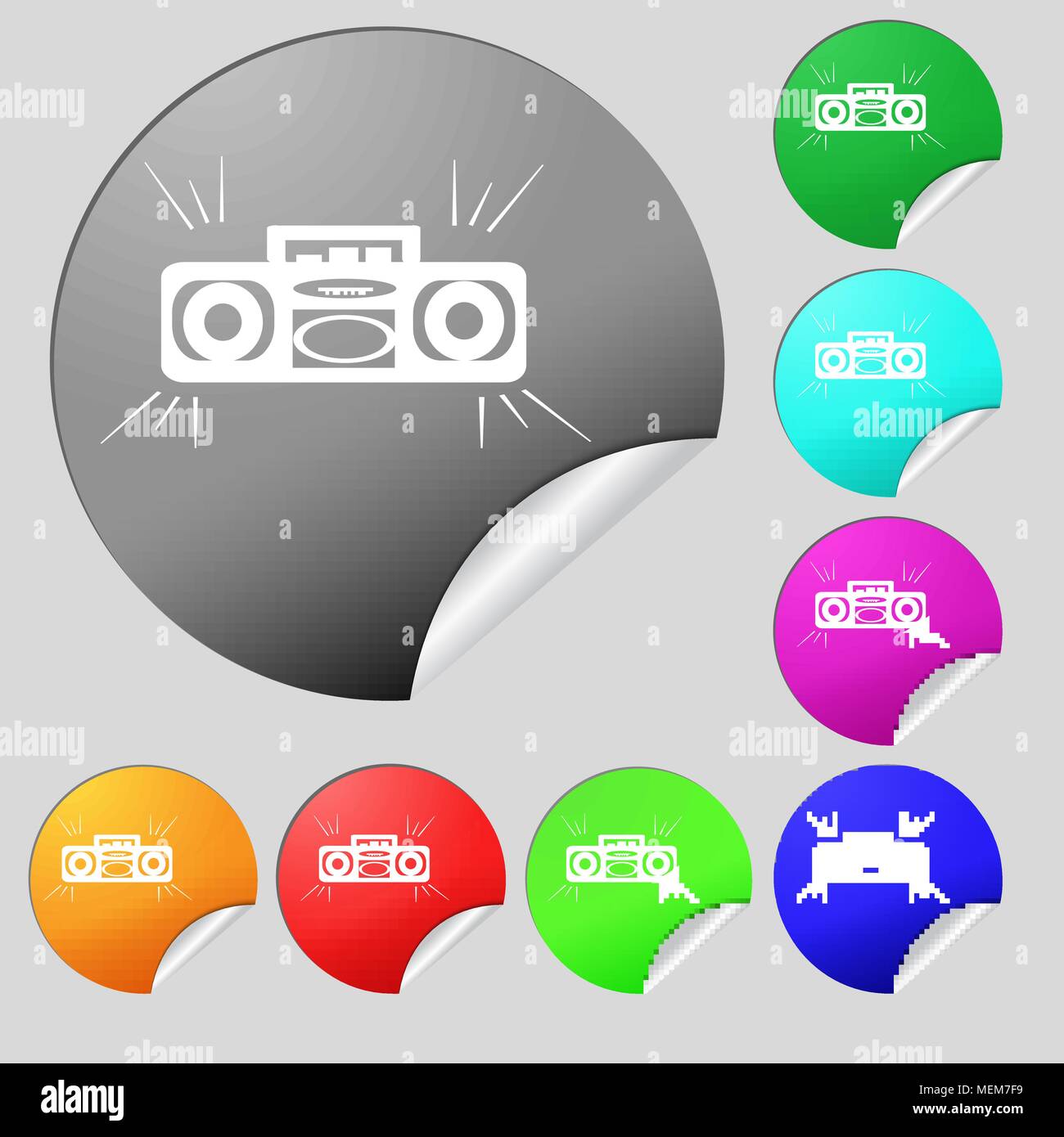 Radio cassette player icon sign. Set of eight multi colored round buttons, stickers. Vector ...