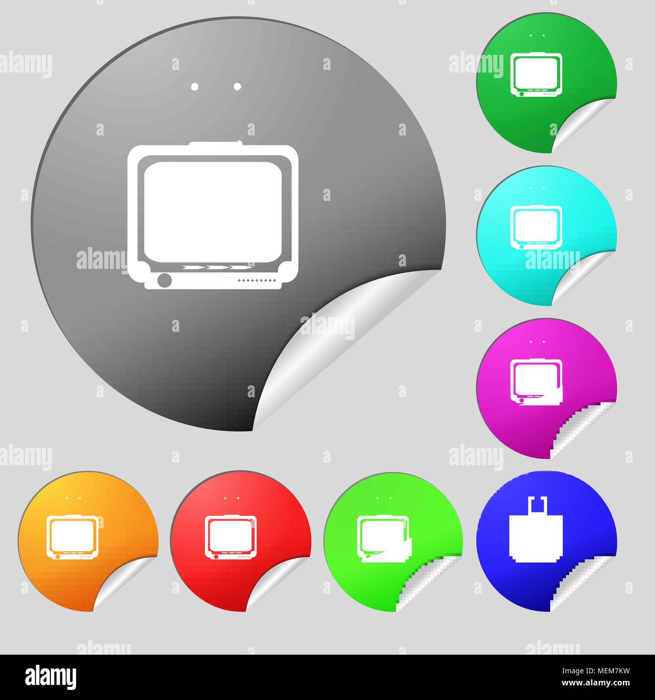 TV icon sign. Set of eight multi colored round buttons, stickers ...
