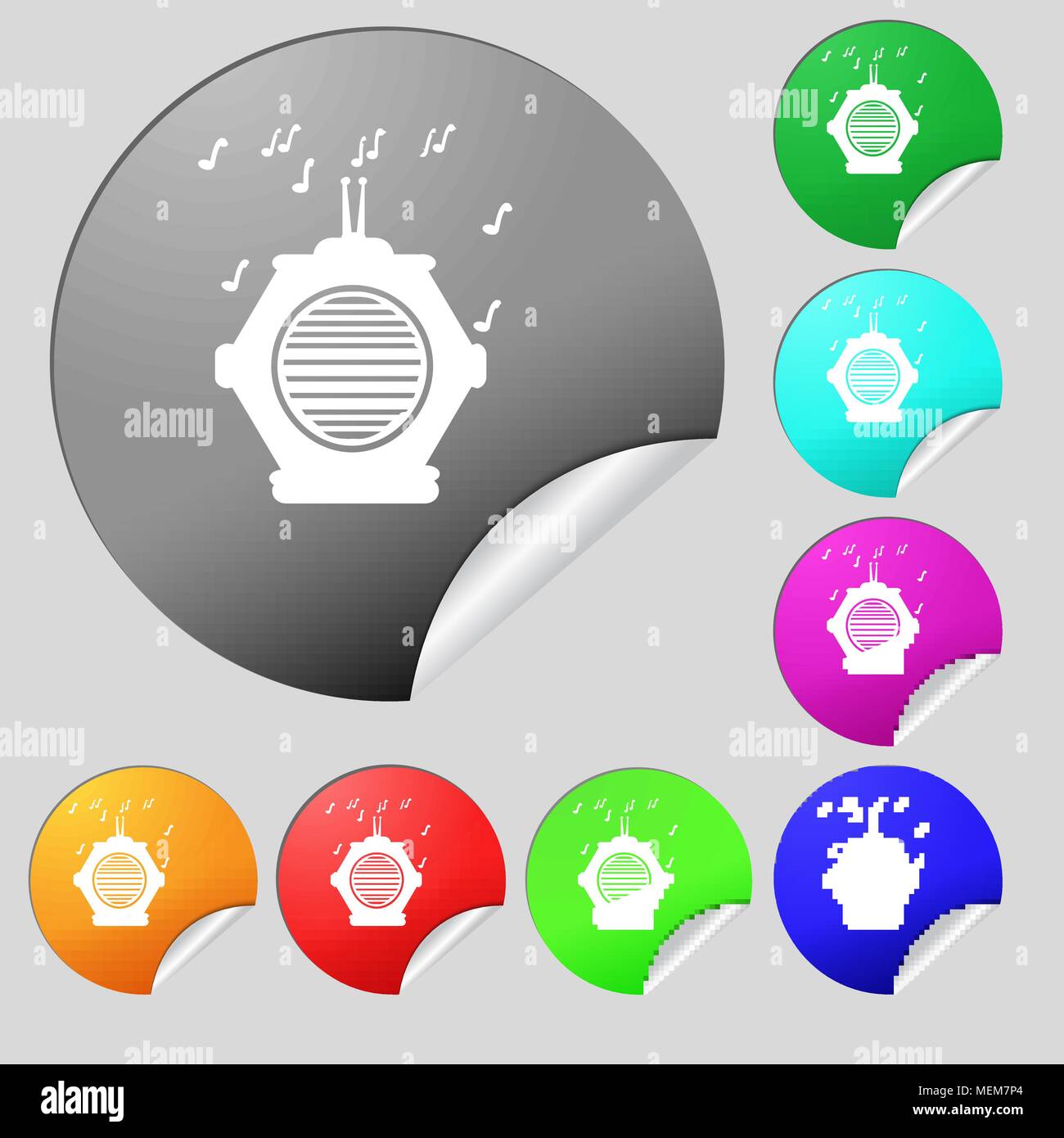 old analog radio icon sign. Set of eight multi colored round buttons ...