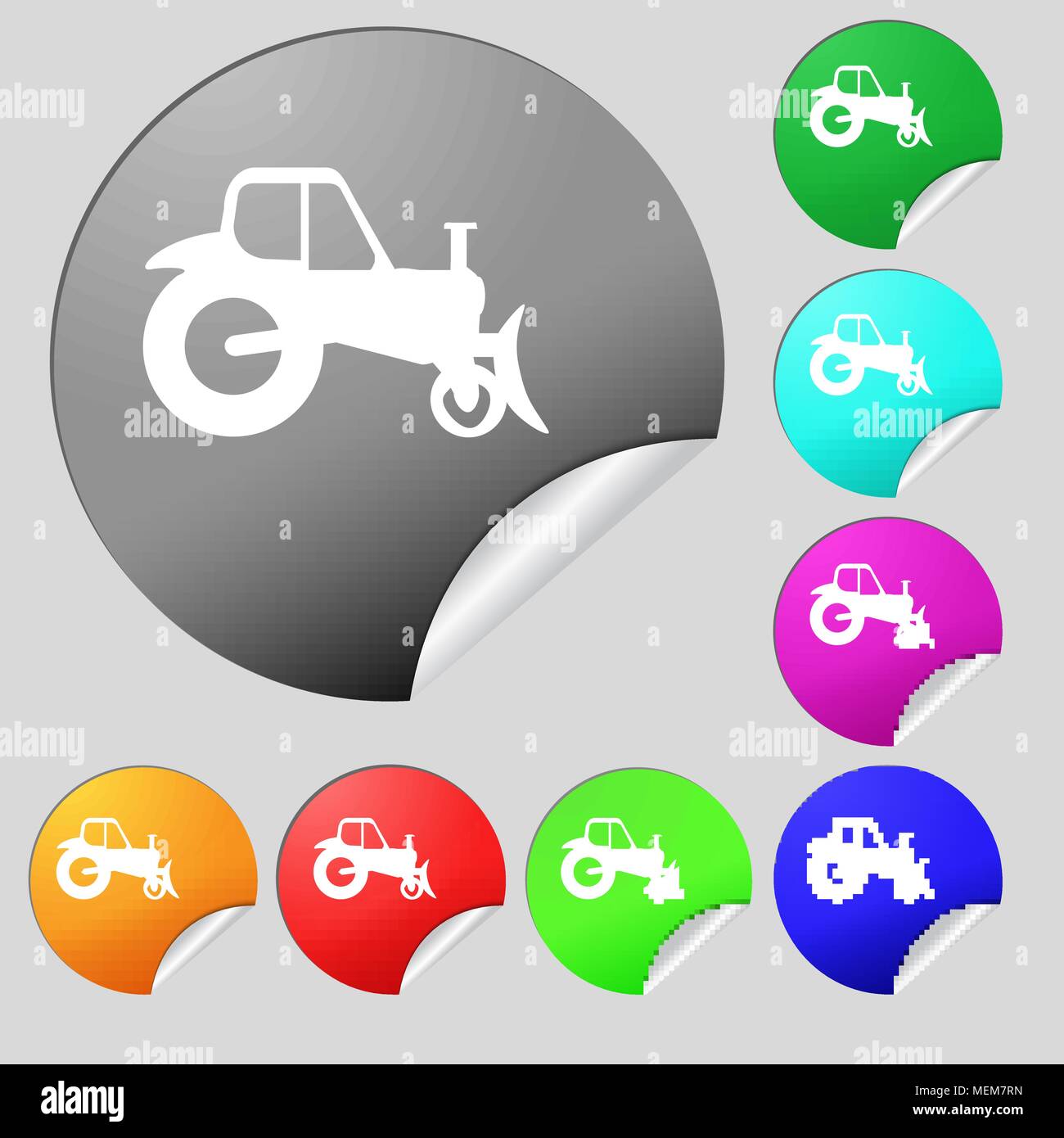 Tractor icon sign. Set of eight multi colored round buttons, stickers ...