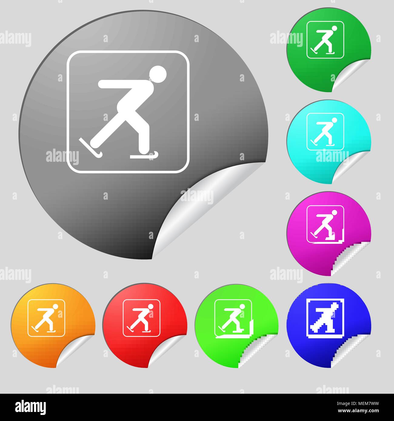 Ice skating icon sign. Set of eight multi colored round buttons ...