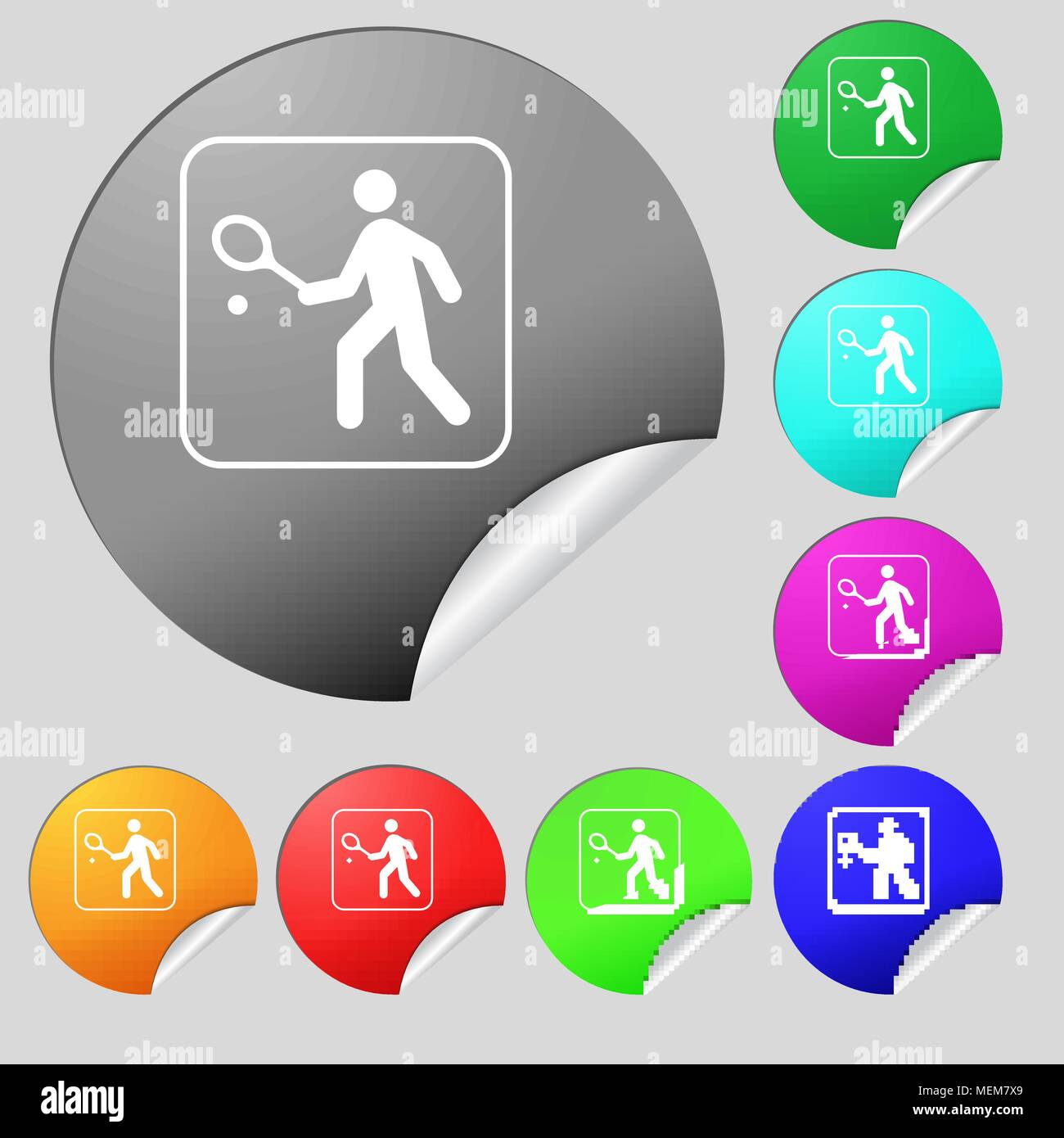 Tennis player icon sign. Set of eight multi colored round buttons ...