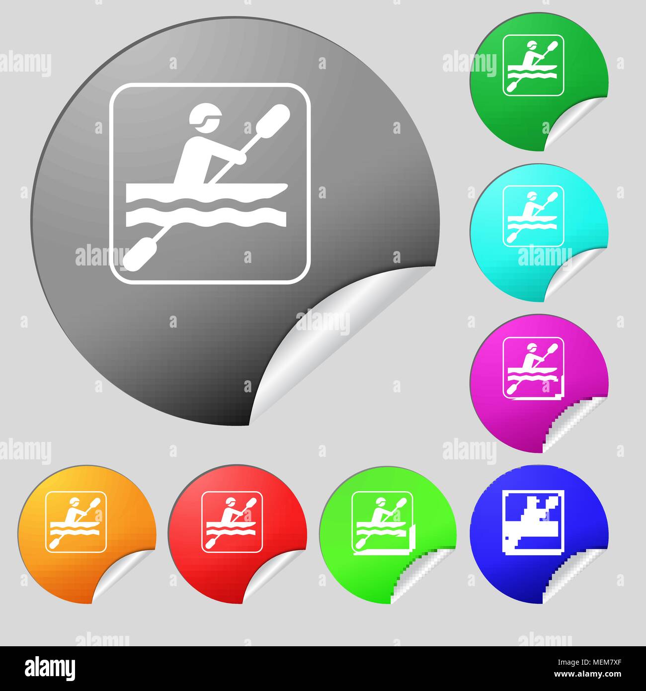 canoeing icon sign. Set of eight multi colored round buttons, stickers ...
