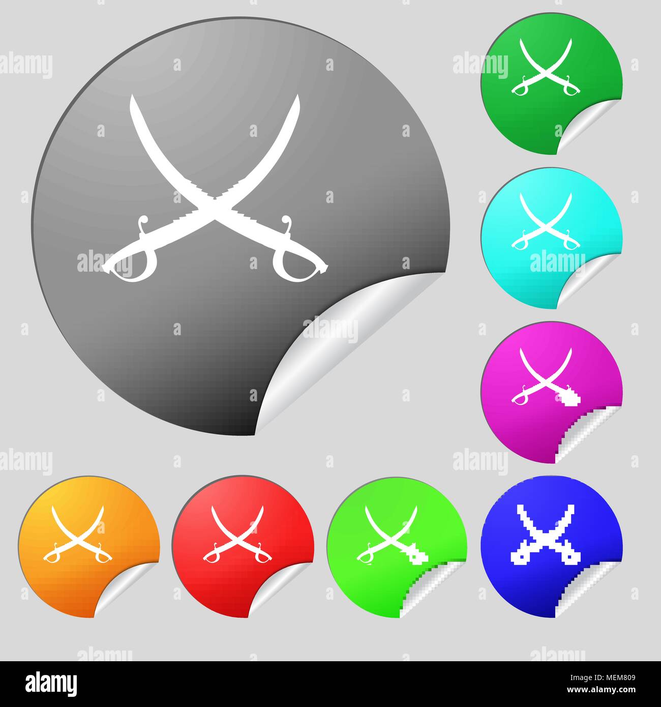 Crossed saber icon sign. Set of eight multi colored round buttons ...