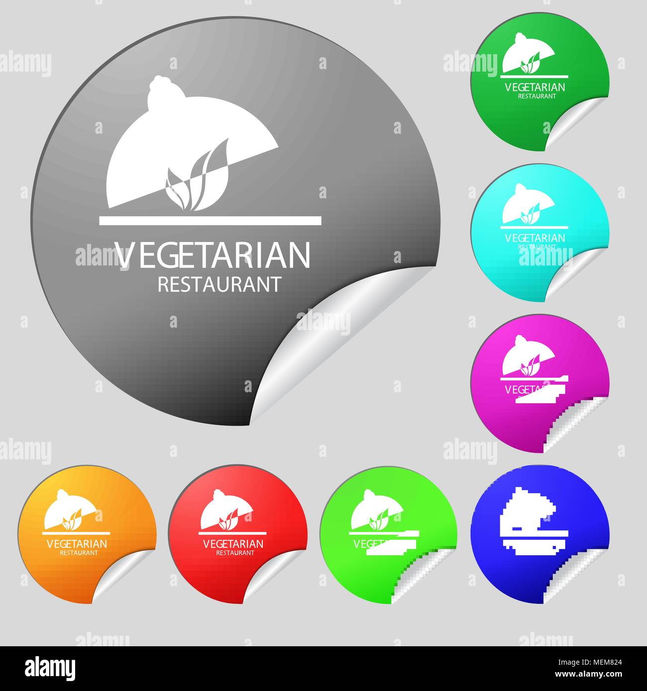 vegetarian restaurant icon sign. Set of eight multi colored round ...