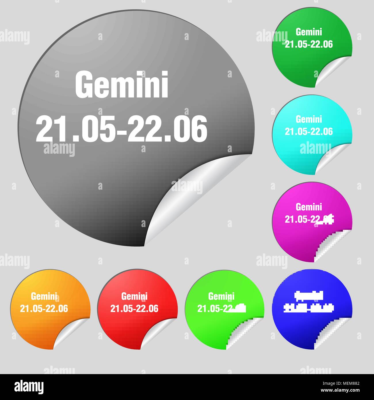 Gemini icon sign. Set of eight multi colored round buttons, stickers ...