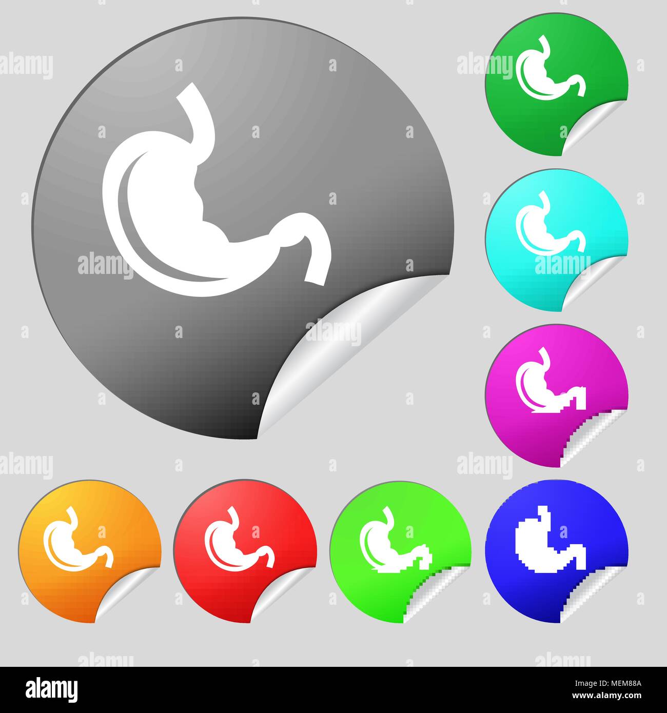 Stomach icon sign. Set of eight multi colored round buttons, stickers ...