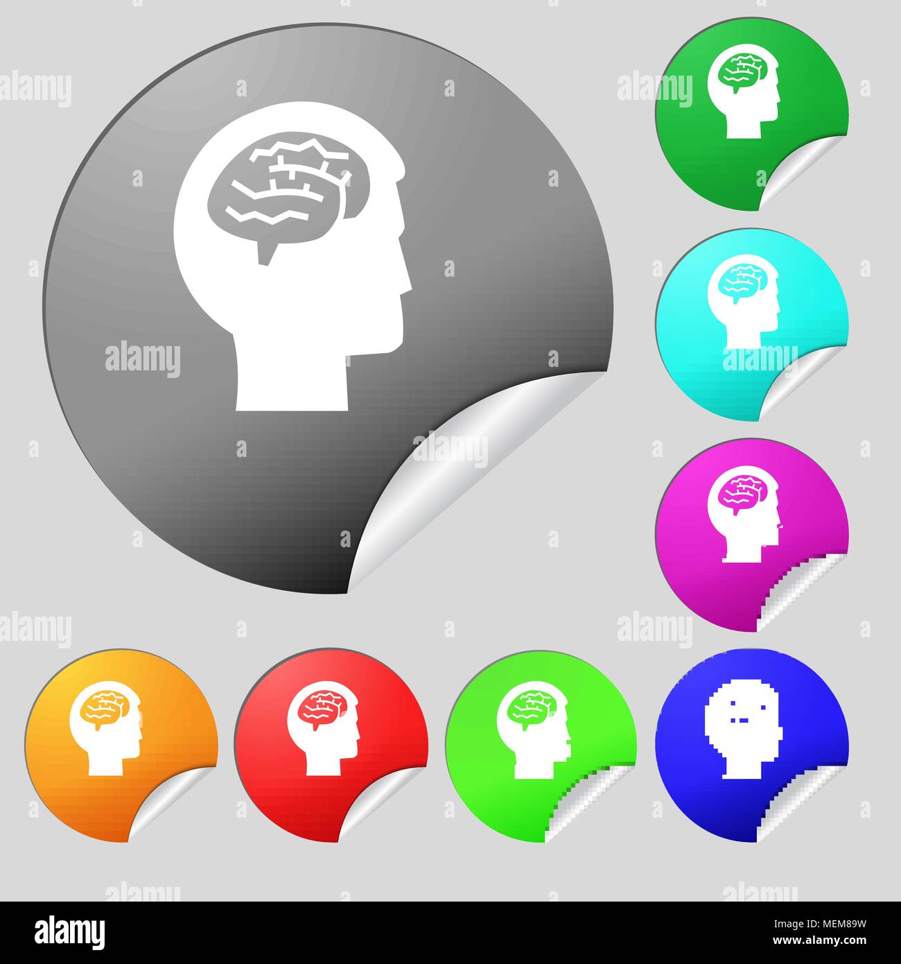 Brain icon sign. Set of eight multi colored round buttons, stickers ...