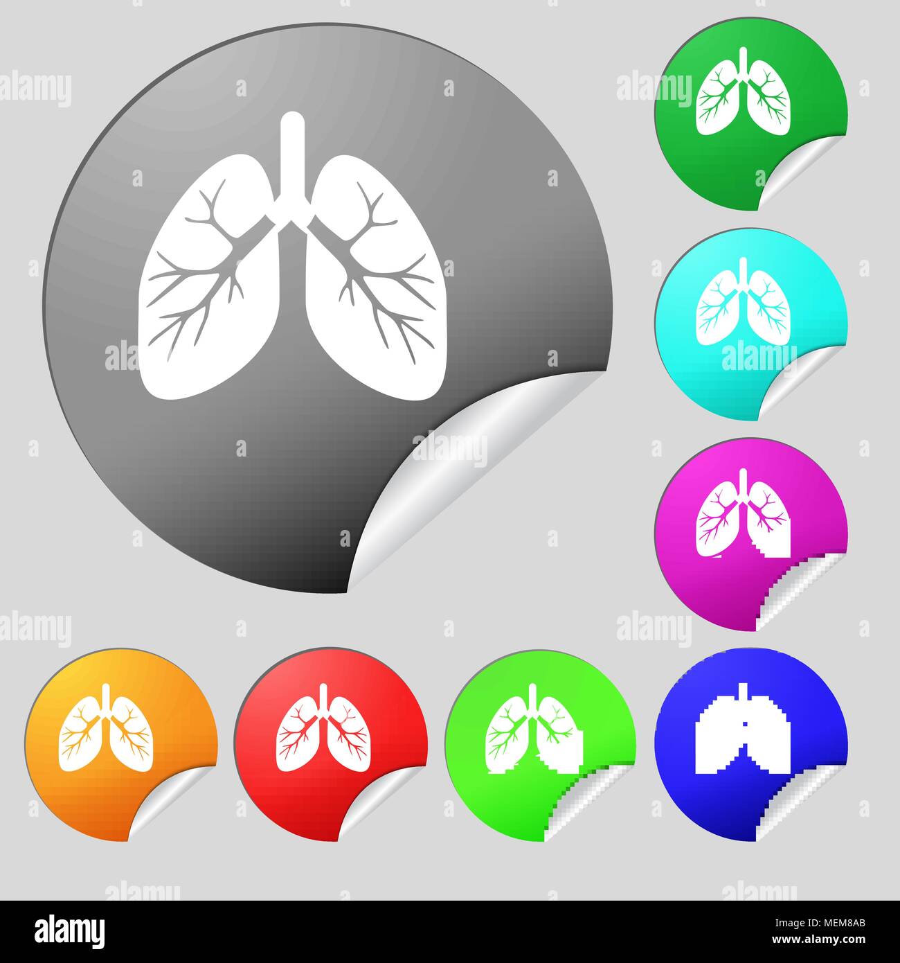 Lungs icon sign. Set of eight multi colored round buttons, stickers ...