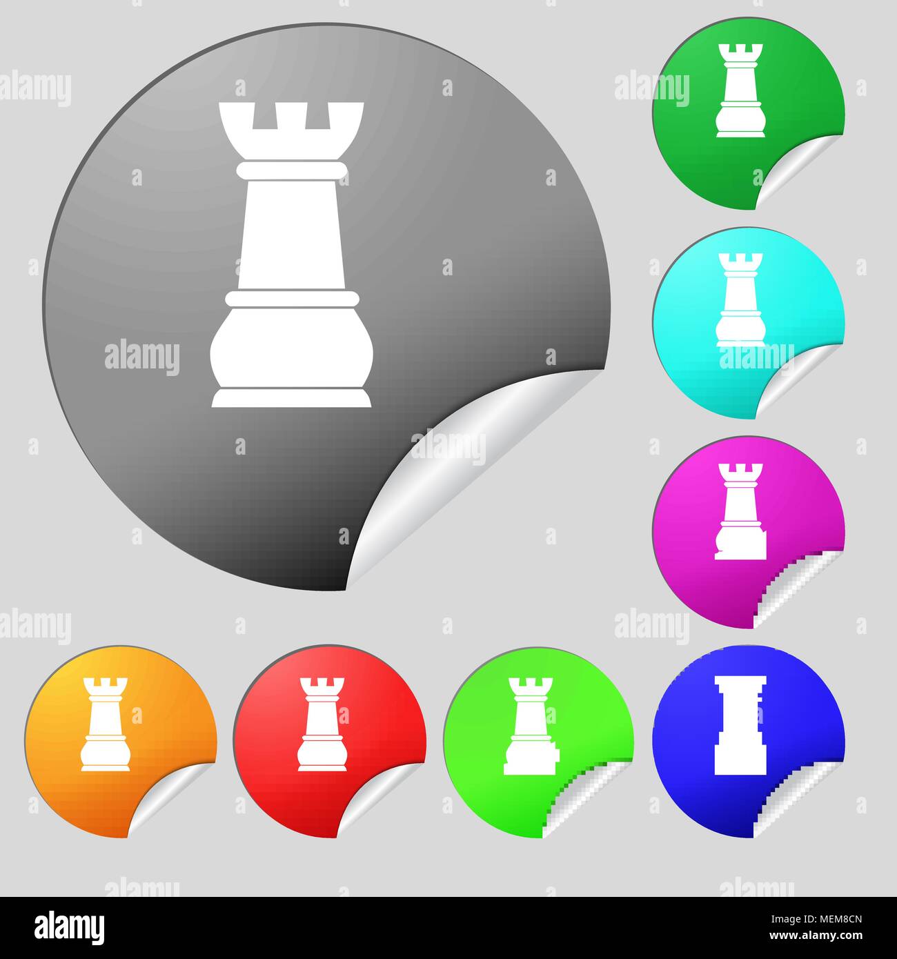 Chess Rook icon sign. Set of eight multi colored round buttons ...
