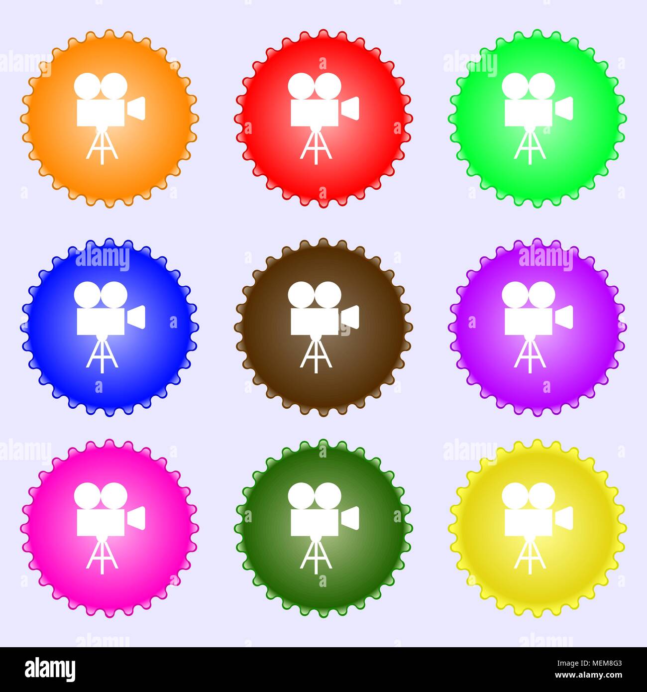 Video camera icon sign. A set of nine different colored labels. Vector ...