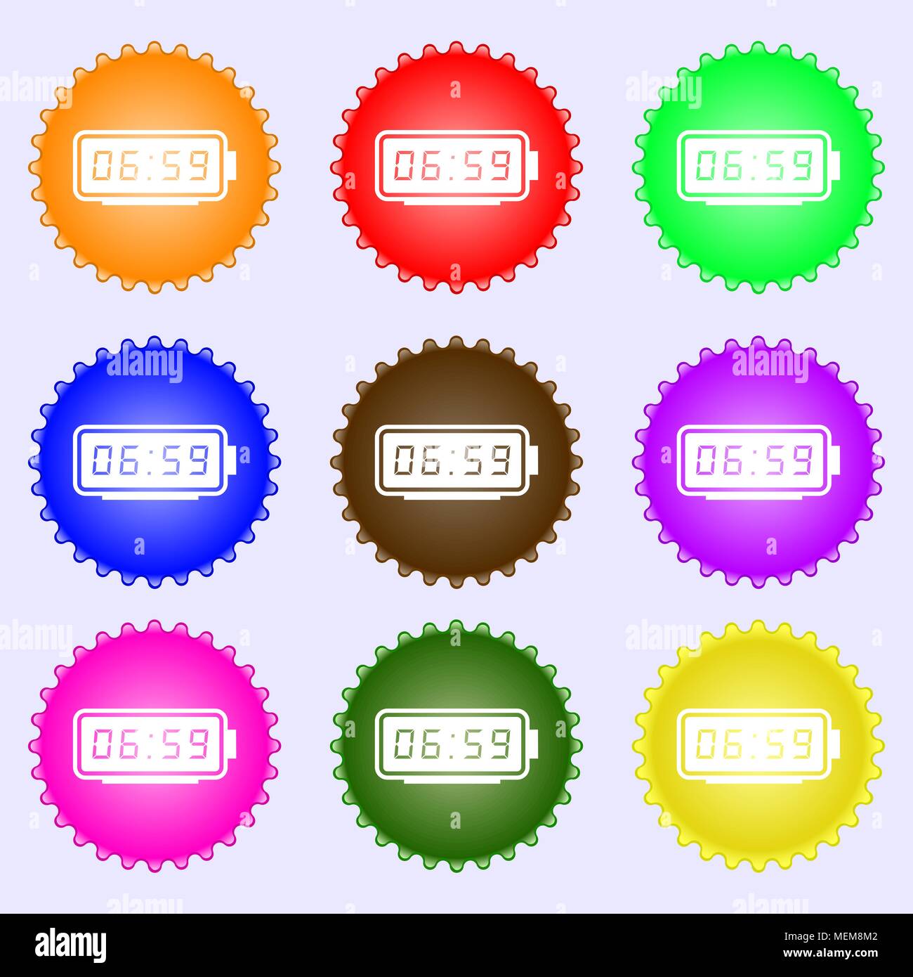 alarm clock icon sign. A set of nine different colored labels. Vector ...