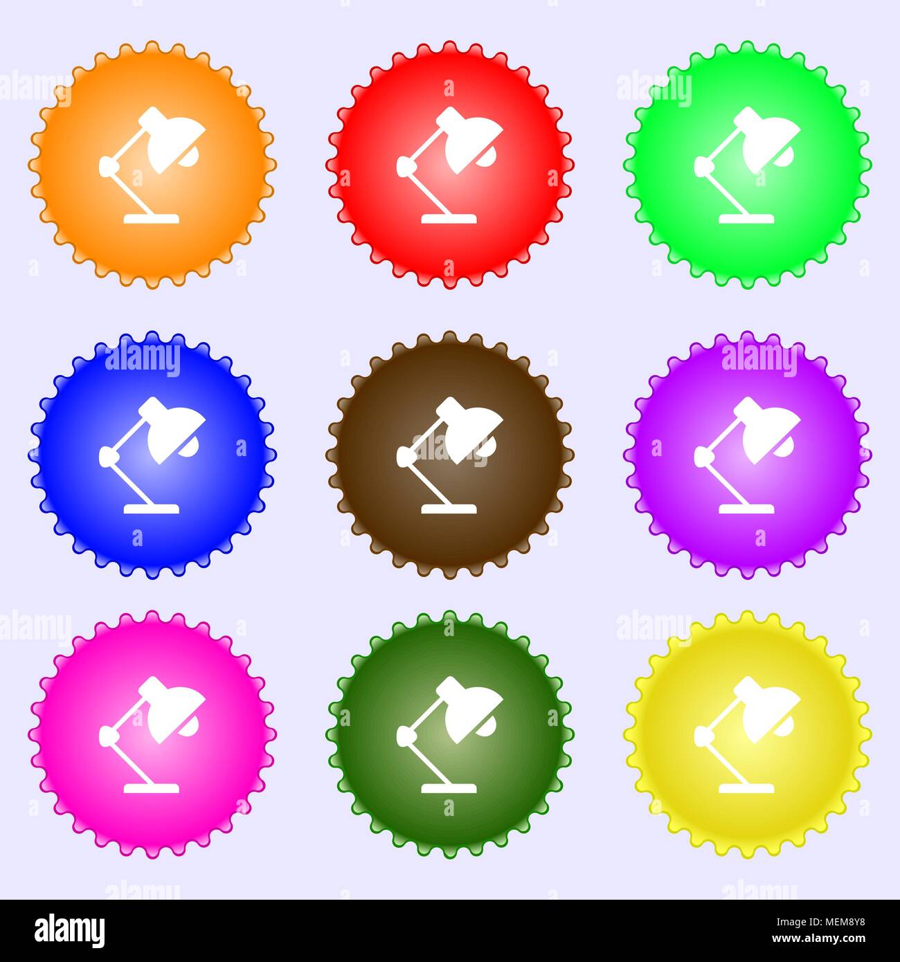 Reading-lamp and lighting, illumination icon sign. A set of nine ...