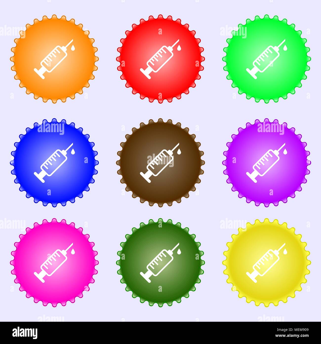 syringe icon sign. A set of nine different colored labels. Vector ...