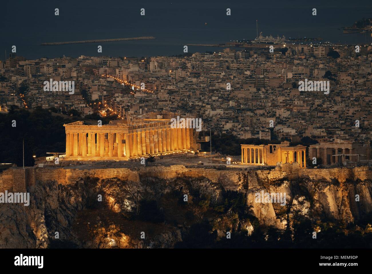 Athens skyline at night viewed from Mt Lykavitos with Acropolis, Greece ...