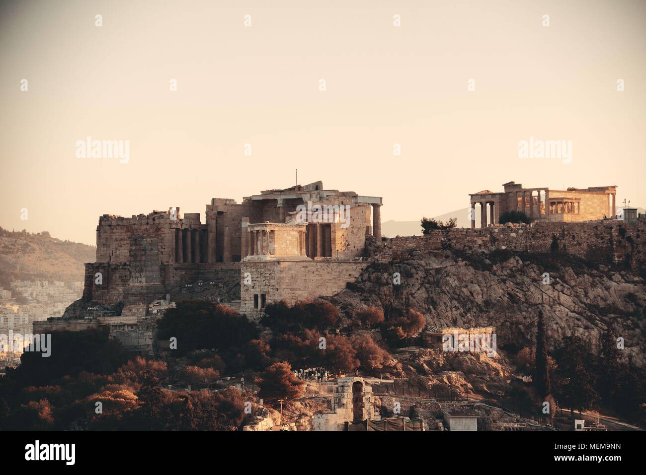 Acropolis historical ruins on top of mountain at sunrise in Athens ...