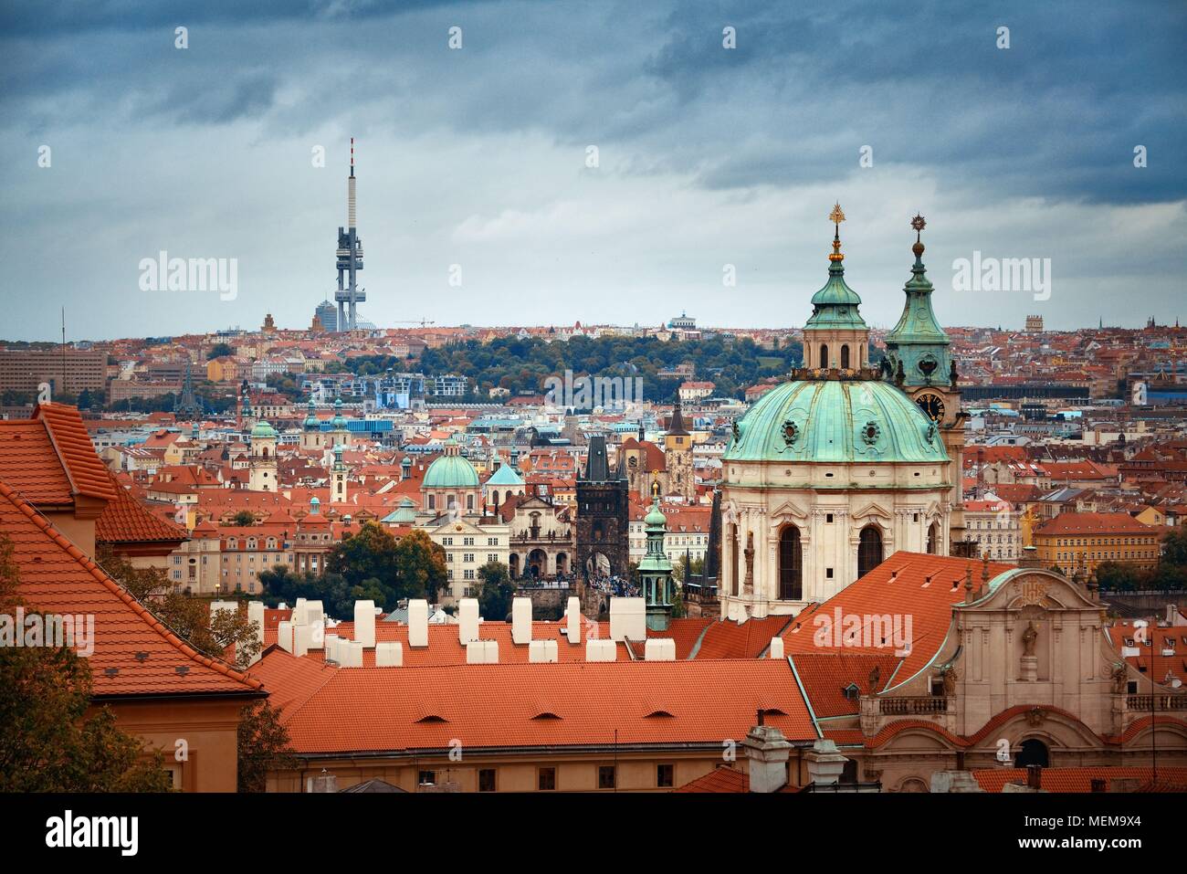 Prague skyline rooftop view with church and dome in Czech Republic ...