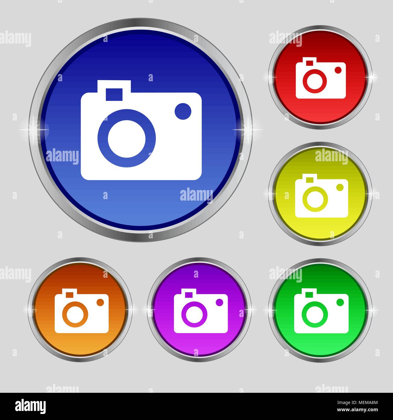 camera icon sign. Round symbol on bright colourful buttons. Vector ...