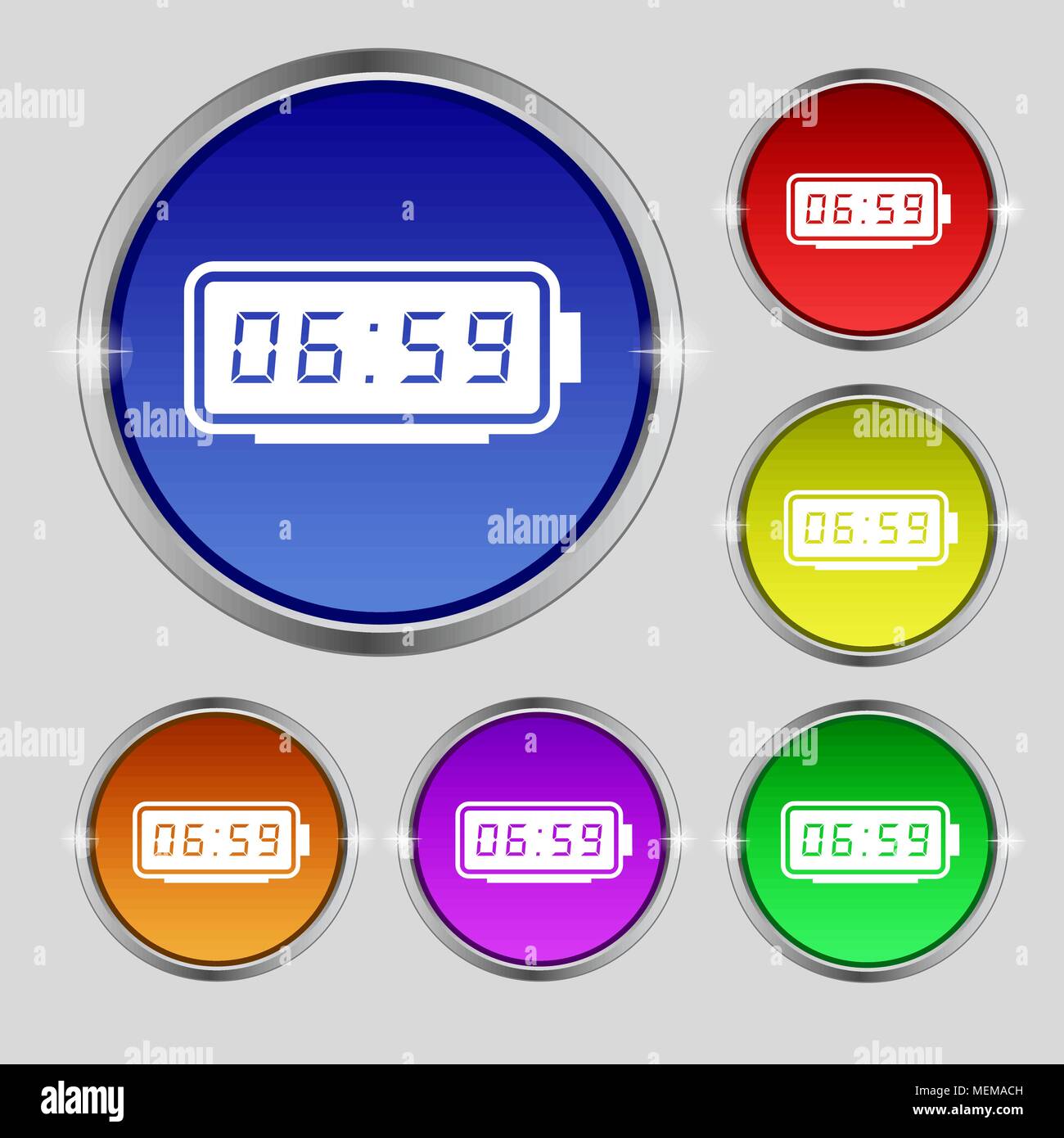 alarm clock icon sign. Round symbol on bright colourful buttons. Vector ...