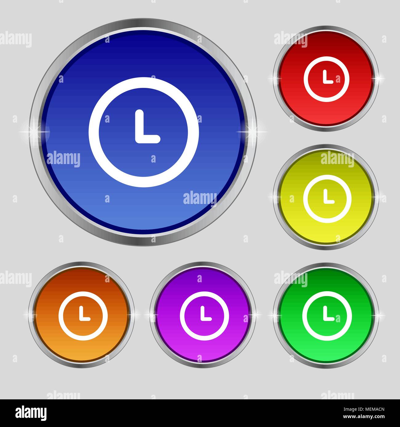 clock icon sign. Round symbol on bright colourful buttons. Vector ...