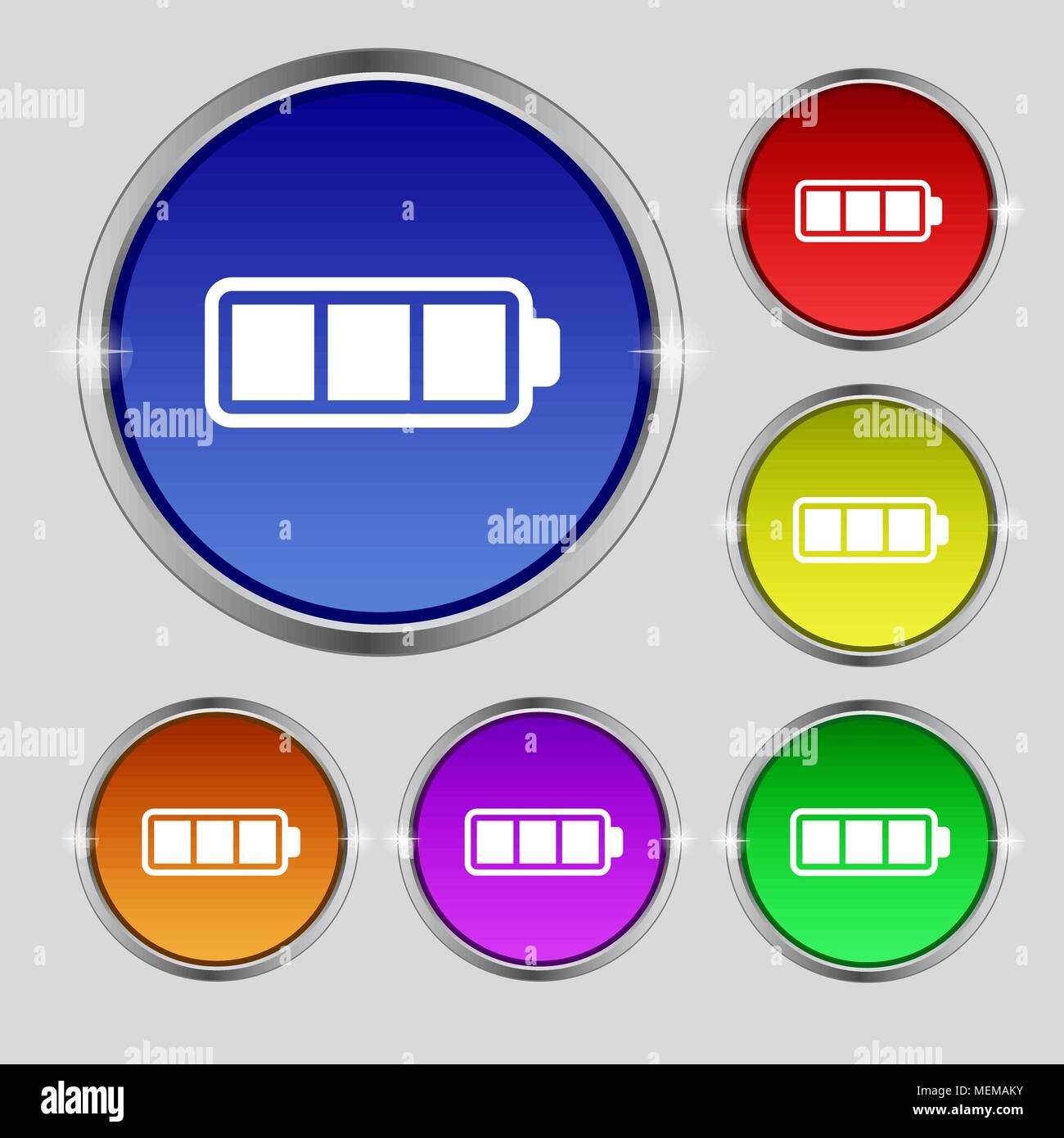 Battery fully charged icon sign. Round symbol on bright colourful ...